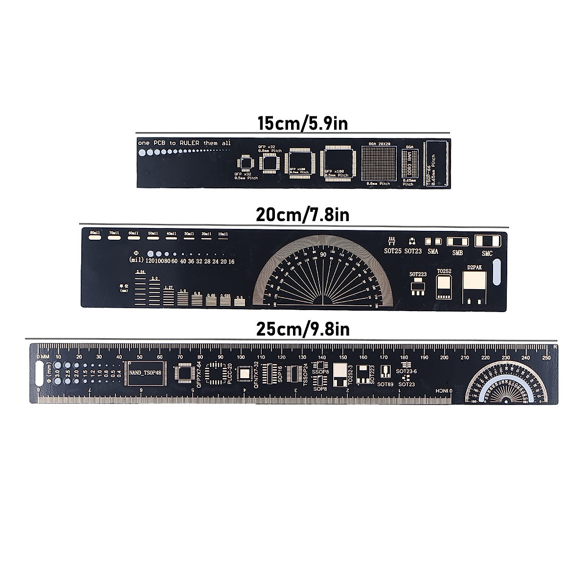 PCB Engineering Ruler, Scratch Free Accurate Spacing Clear Metric PCB Scale Ruler 3 Sizes for Electronic Engineers