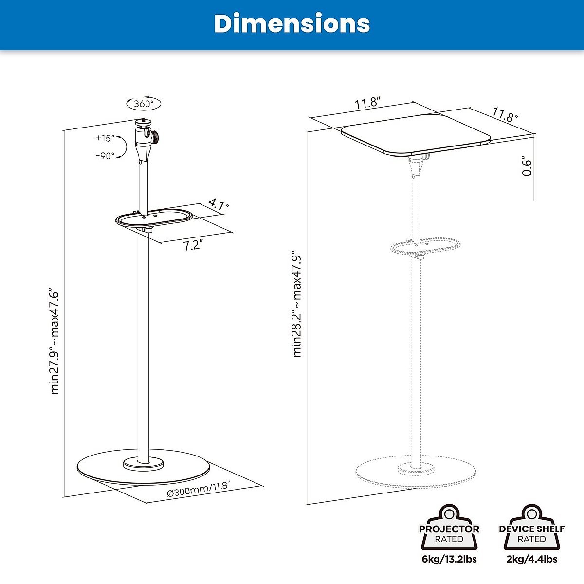 Mount-It! Dual Use Projector Stand, 2 Mounting Options: 1/4" Screw and Platform Portable Projector Stand For Mini Projectors Adjustable Height Floor Stand 13.2 lb load, For Home, Office, Studio, DJs