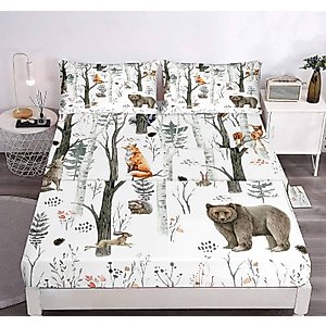 LUVIVIHOME 4PCS Woodland Animals Sheets Set, Queen Bed Sheets, White Sheets, Boys Girls Kids Bedding, Bear Deer Fox Forest Animal Lodge Cabin Bedding Set, 1 Fitted Sheet & 1 Flat Sheet & 2 Pillowcases