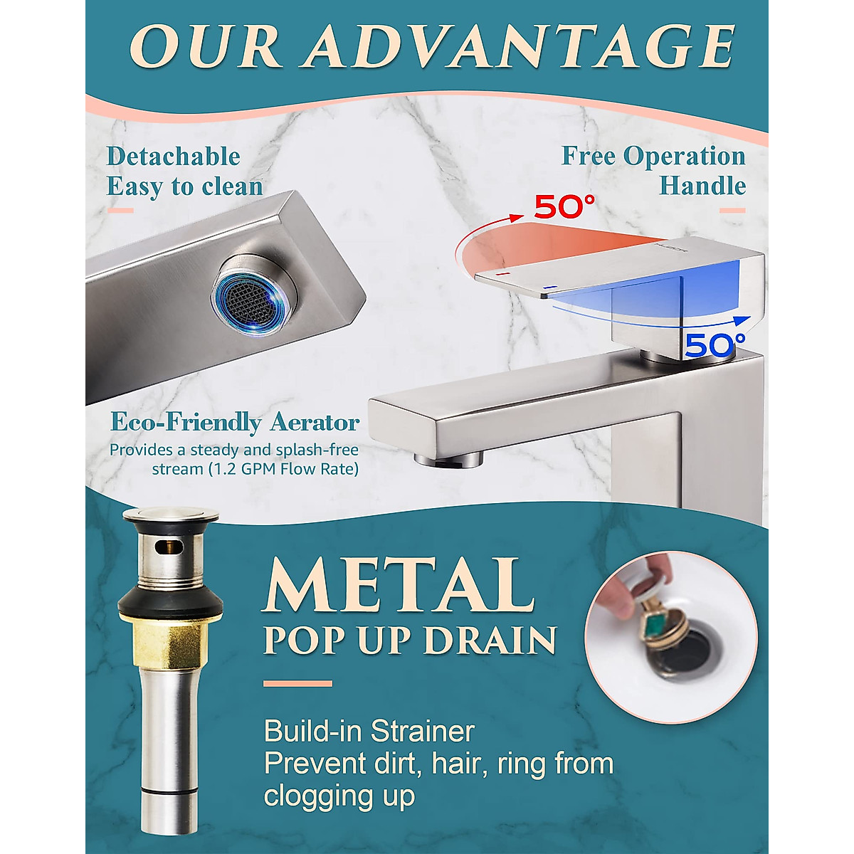 KUZOR Bathroom Faucets Single Hole, Brushed Nickel Bathroom Sink Faucet One Hole 1 Handle, 304 Stainless Steel Modern Faucet for Bathroom Sink Square