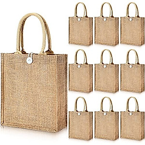 10 Pcs Burlap Tote Bags with Handles and Button Reusable Grocery Bags Blank Bridesmaid Gift Bags for Shopping Wedding Party Beach Favors, 11 x 9.4 x 4 Inch (Khaki)