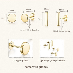 JIAYIQI 2 Pairs 14K Gold Plated Stud Earrings for Women Hypoallergenic 925 Sterling Silver Bar Dot Stud Earrings Small Gold Stud Earring Set Cartilage Earrings