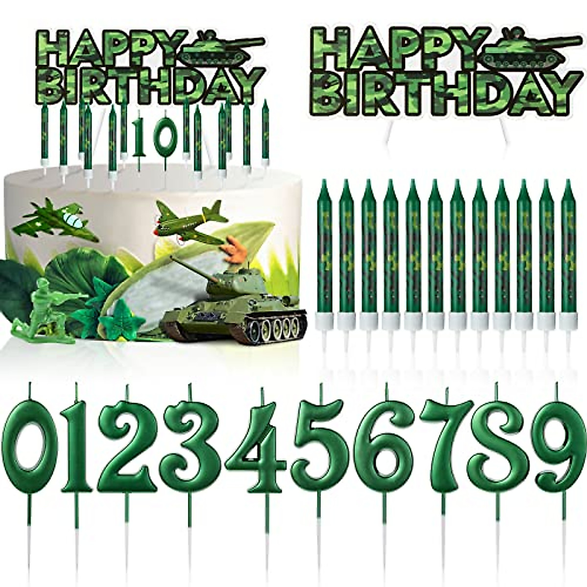 23 Pcs Army Birthday Supplies Camo Party Supplies, Include 12 Camo Print Birthday Cake Candles, 10 Numeral Birthday Candles and Tank Happy Birthday Cake Topper for Kids Birthday Army Party Favors