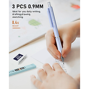 Nicpro 3PCS Pastel Mechanical Pencil Set, 0.9 Mechanical Pencil with 6 Tubes HB Lead 0.9mm, 3PCS Eraser & 9PCS Eraser Refill, Cute School Supplies for Writing, Sketching, Drafting-With Case