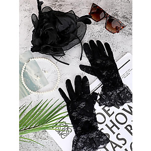 Bonuci 4 Pcs 50s Fascinator Hat for Women Black Funeral Veil Hat Tea Party Headpiece Lace Glove Pearl Necklace Earring(Elegant Style)