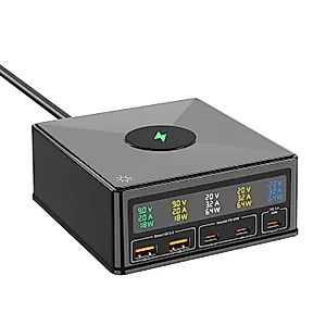 160W USB C GaN Charger,Ubigbuy 65W 5-Ports PD 3.0 USB C Fast Charging Station,Desktop Wireless USB C Power Adapter Hub with Display for MacBook Pro Air iPhone iPad Samsung