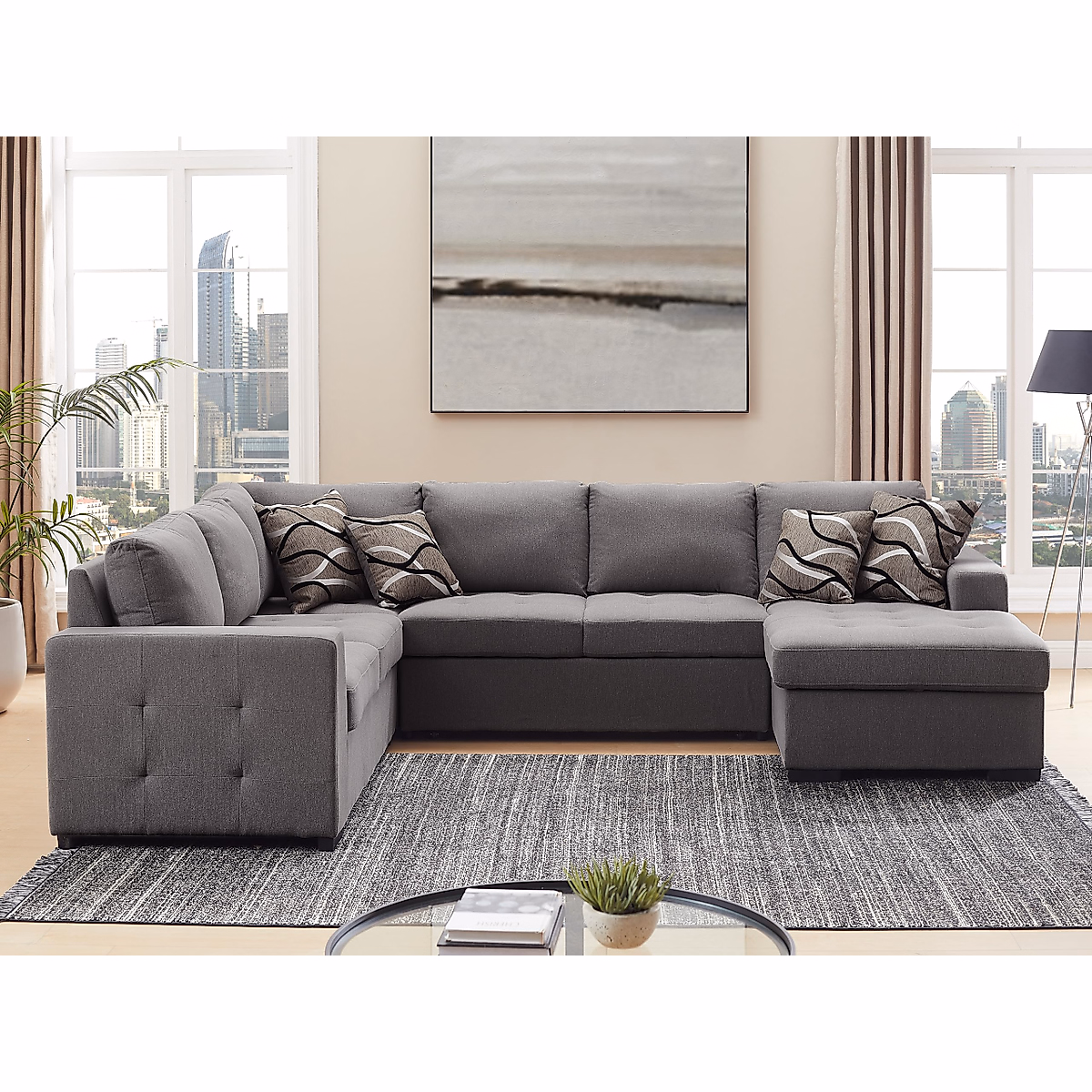 THSUPER Sectional Sleeper Sofa Couch Pull Out Bed with Storage Chaise, U Shape Oversized Sectionals Couches for Living Room, 6 Seater Gray