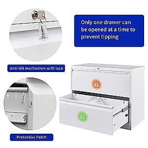 2 Drawer Office Lateral File Cabinets with Lock,Metal Filing Cabinets for Home Office,Locking Steel Storage Wide Office Vertical Files Cabinet for Legal/Letter A4 Size,Office Organizer (White)