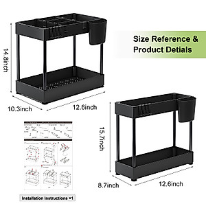 Fixwal 2pcs Under Sink Organizers and Storage, 2 Tier Under Bathroom Cabinet Storage with 8 Hooks and 2 Baskets, Multi-purpose Under Sink Shelf Organizer for Home Kitchen Bathroom (Black)