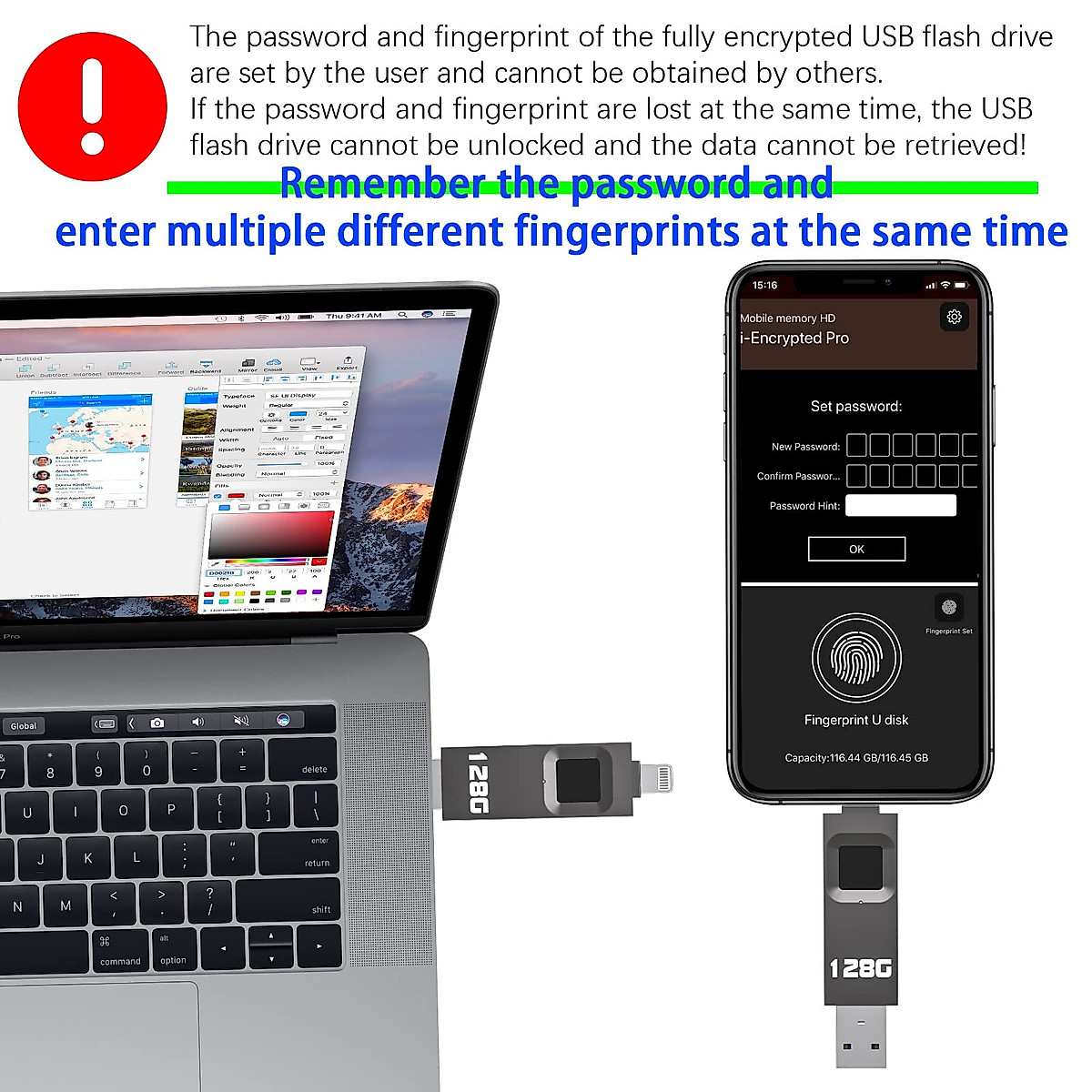 YIGORN 128GB Encrypted USB Drive,Fingerprint Flash Drive,Secure Password Protected U Disk, USB Memory Stick, USB Thumb Drive,Encryption Storage for iPhone/iPad/iPadmini/Mac/PC