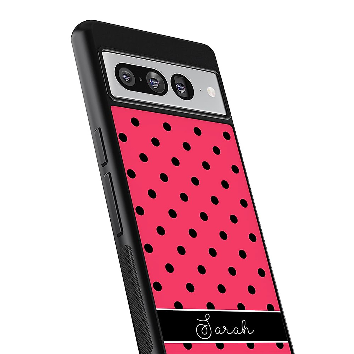 Pinkish Red and Black Polka Dot Personalized Black Rubber Phone Case Compatible With Google Pixel 8 Pro, 8a, 8, 7a, 7, Pixel 7 Pro, 6a, Pixel 6 Pro, 6, 5, 4a 5G, 4a 4G, 4, 4 XL, 3a, 3a XL, 3, 3 XL