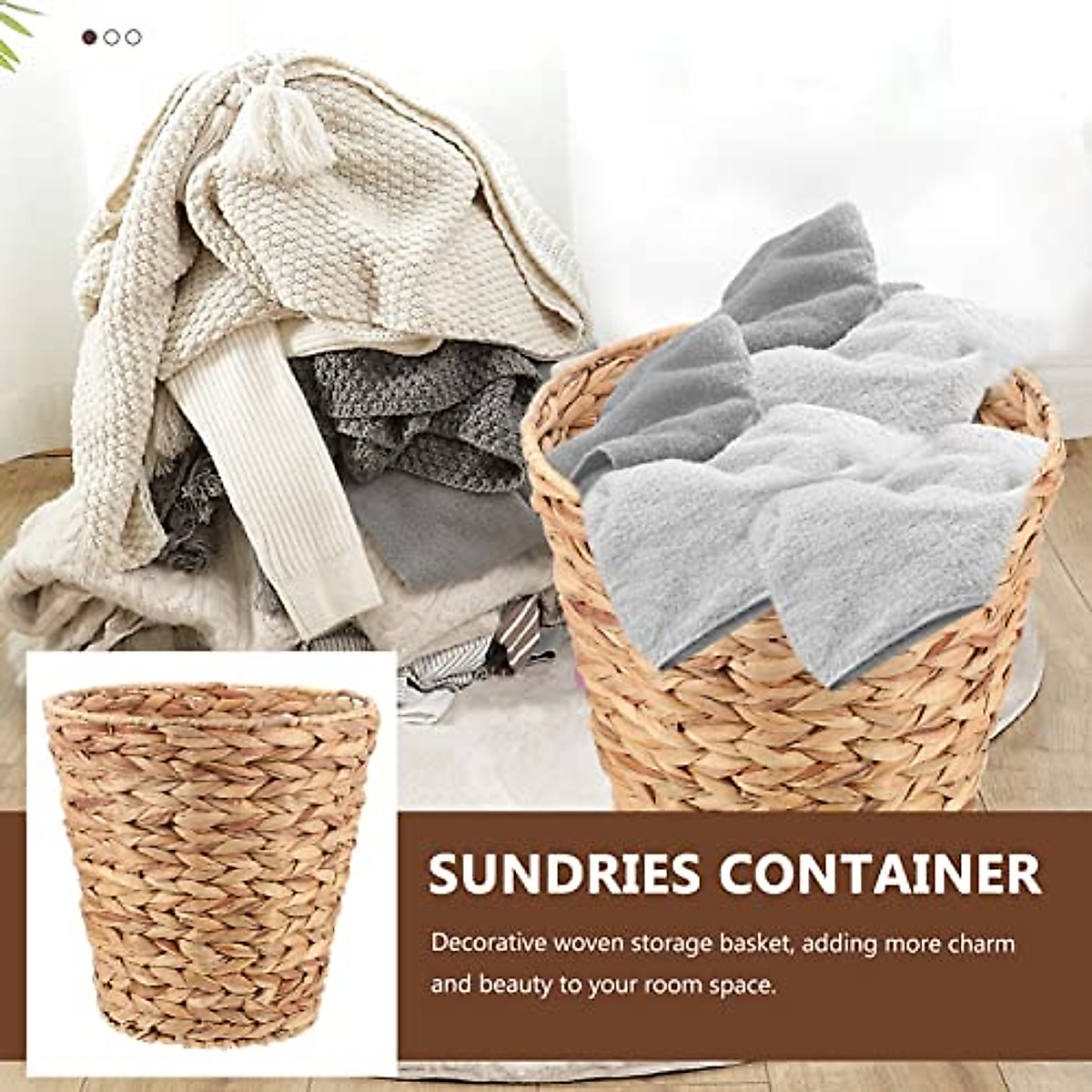 Rattan Basket Woven Waste Basket Round Trash Can Decorative Garbage Waste Bin Rubbish Container Laundry Cloth Storage Basket Organizer for Bedroom Home Living Room Bathroom Woven Basket