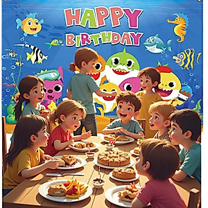 TUHI Baby Shark Backdrop, Baby Shark Party Supplies, Baby Shark Birthday Decorations Blue Cartoon Whale Ocean Photo Background (Blue, 5 Ft X3 Ft)