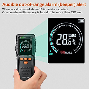 Proster Pinless Wood Moisture Meter, Non-Destructive Moisture Tester for Wood Wallboard Masonry;Detect up to 3/4 Inch Below Surface, Backlit Color LCD , Visual/Audible Alarm, with Storage Case