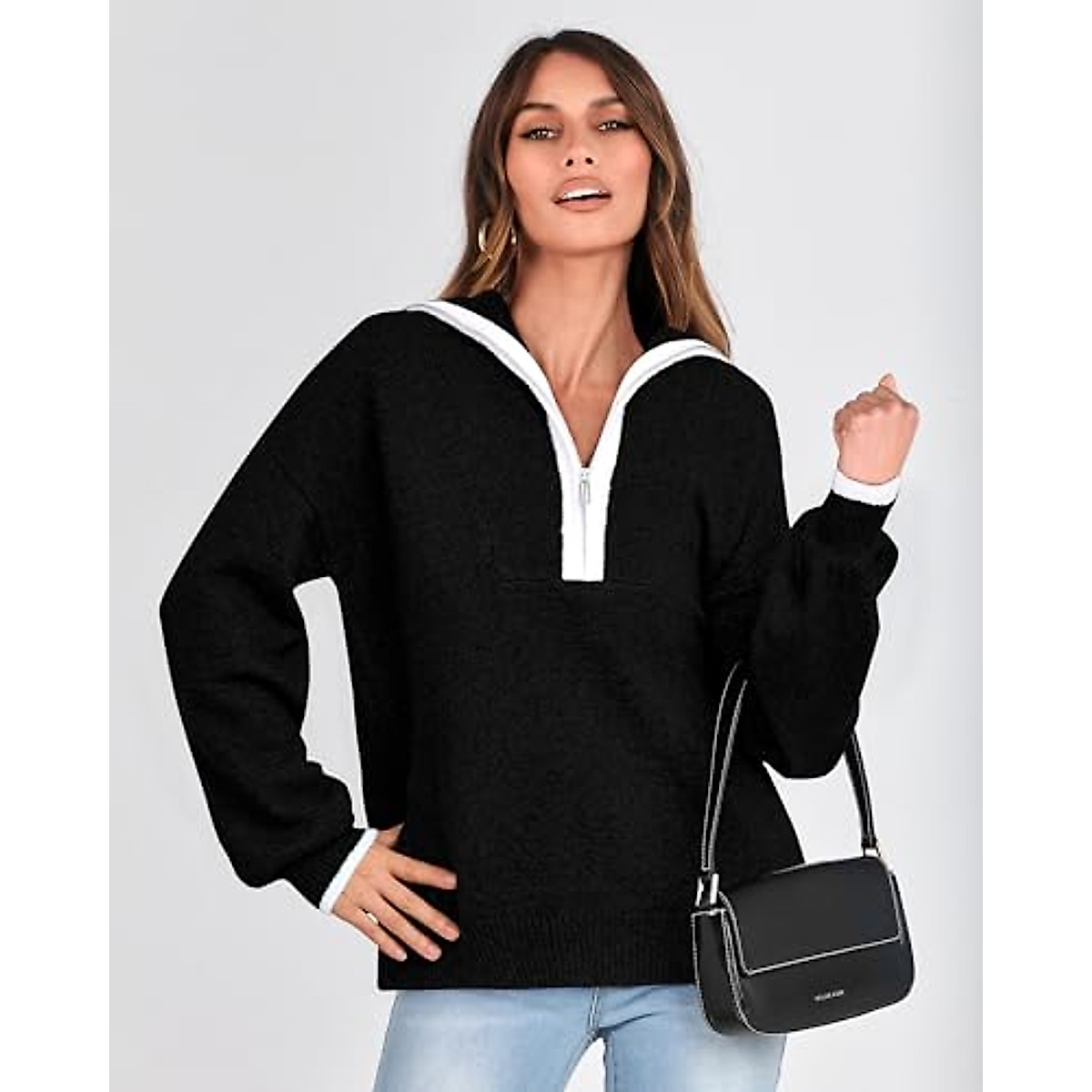 BTFBM Women's 2023 Fall Winter Half Zip Pullover Sweaters Casual V Neck Long Sleeve Ribbed Knit Loose Jumper Tops(Solid Black, Medium)