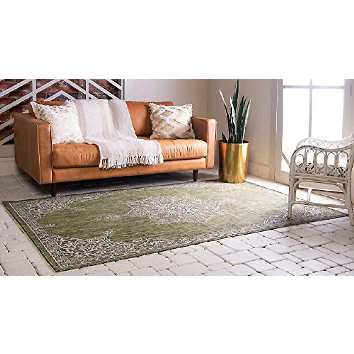 Unique Loom Collection Traditional Classic Heathered Center Medallion Indoor/Outdoor Flatweave Area Rug, Rectangular 5' 0" x 8' 0", Green/Gray