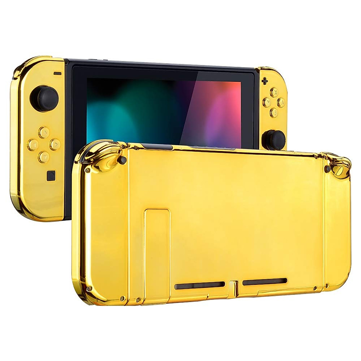 eXtremeRate DIY Replacement Shell Buttons for Nintendo Switch, Back Plate for Switch Console, Housing with Full Set Buttons for Joycon Handheld Controller - Chrome Gold [No Electronics Parts]