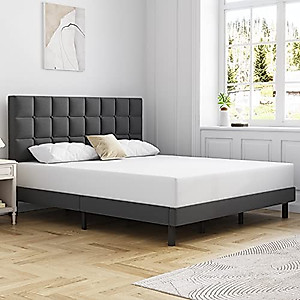 Molblly King Bed Frame Upholstered Platform with Headboard and Strong Wooden Slats,Non-Slip and Noise-Free,No Box Spring Needed, Easy Assembly,Dark Gray