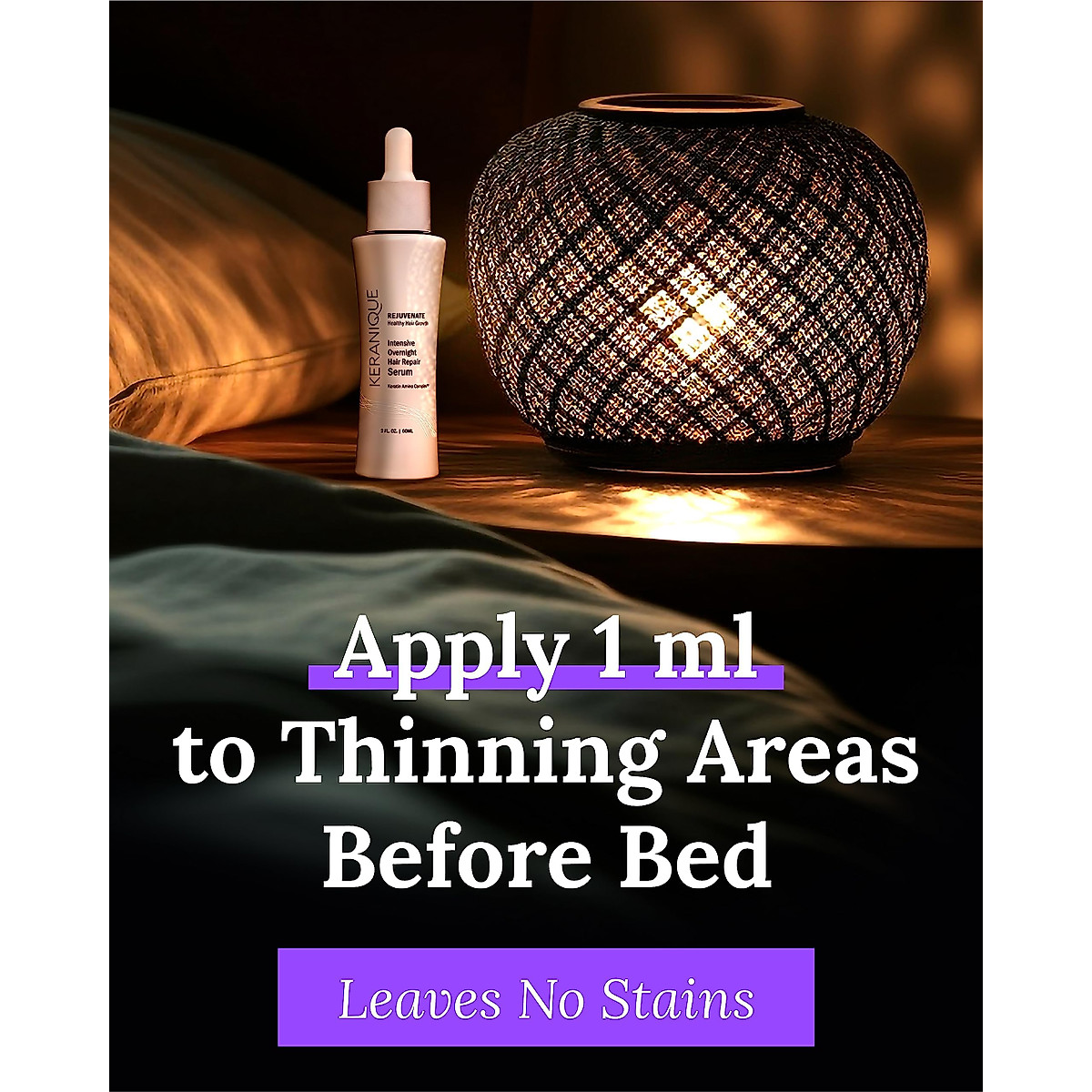 Keranique Overnight Hair Serum - Improves Growth Conditions for Thinning Hair - Hydrates Frizzy and Damaged Hair - Keratin Enriched for Women - 2 oz