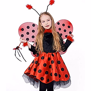 IKALI Girls Ladybug Costume, Halloween Deluxe Animal Fancy Dress Outfit with Wings (10pcs Set) 4-6Y