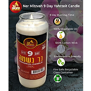 Ner Mitzvah 9 Day Yahrzeit Candle - 1 Pack Kosher White Yahrzeit Memorial Candles - Yom Kippur and Holiday Candle in Glass Jar - 100% Vegetable Oil Wax Prayer Candle