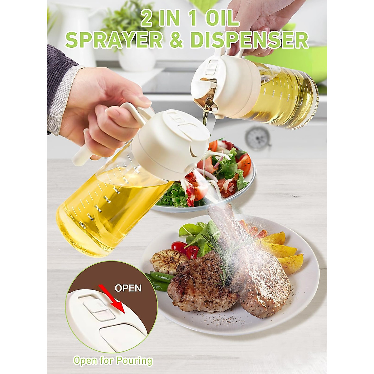 2 in 1 Oil Dispenser And Oil Sprayer for Kitchen, 2 in 1 Oil Sprayer Came With Some Stickers With Various Oil Labels, 420ml/14oz Oil Sprayer Perfect for Cooking, Air Fryer, BBQ, Baking, Salad - White