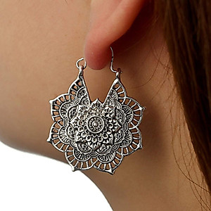S5E5X Women Earrings Antique Silver Gypsy Indian Tribal Ethnic Hoop Dangle Mandala Earrings Boho Openwork Flower Alloy Earrings (Gold)