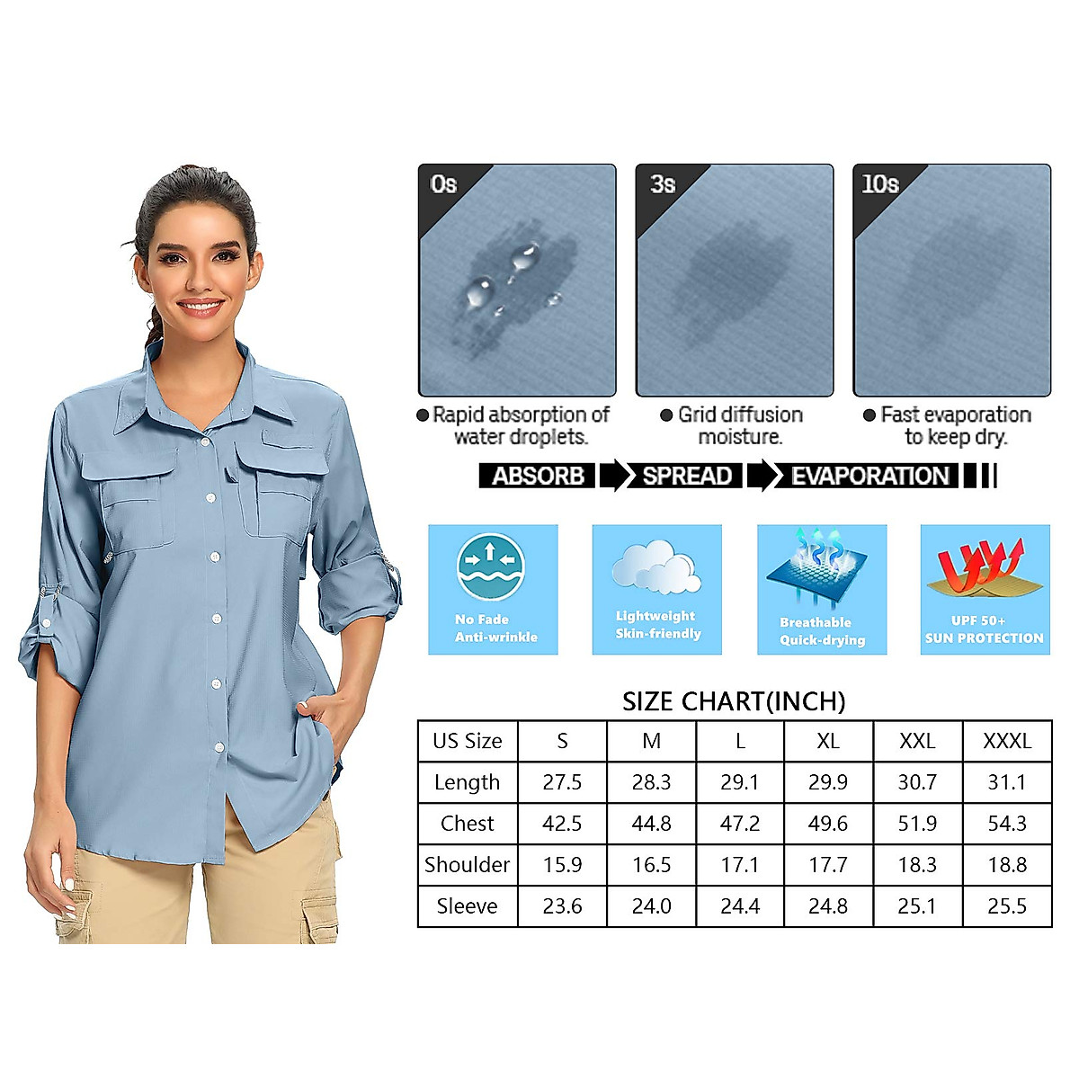 Jessie Kidden Women's UPF 50+ UV Sun Protection Safari Shirt, Long Sleeve Outdoor Cool Quick Dry Fishing Hiking Gardening Shirts (5055 Light Blue M)