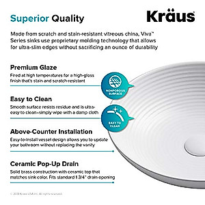 KRAUS Viva™ Round White Porcelain Ceramic Vessel Bathroom Sink with Pop-Up Drain, 16 1/2 in. D x 4 3/8 in. H, KCV-203GWH