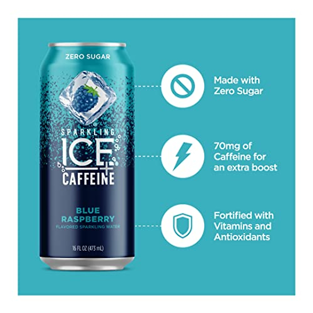 Sparkling Ice +Caffeine Blue Raspberry Sparkling Water, with Antioxidants and Vitamins, Zero Sugar, 16 Fl Oz (Pack of 12)