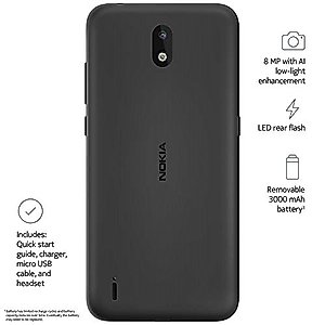 Nokia 1.3 Fully Unlocked Smartphone with 5.7" HD+ Screen, AI-Powered 8 MP Camera and Android 10 Go Edition, Charcoal, 2020 (AT&T/T-Mobile/Cricket/Tracfone/Simple Mobile)