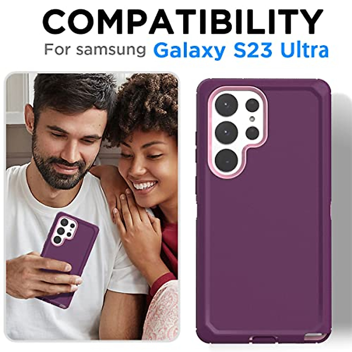 AICase Samsung Galaxy S23 Ultra Heavy Duty Shockproof Case - 3-Layer Military Protection, Night Purple/Baby Pink, 6.8" Screen Protector Included