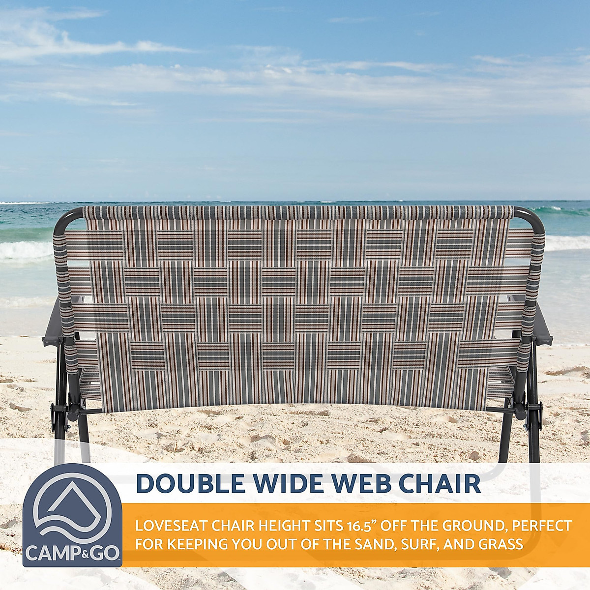 CAMP & GO High Seat Outdoor Double Wide Loveseat Web Folding Chair, Grey, 45.94" W x 22.63" D x 33.14" H