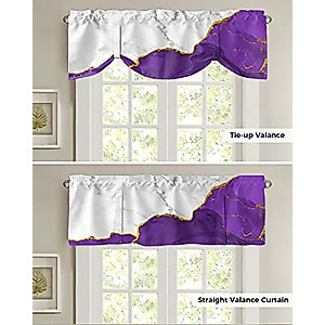 Tie Up Valance 18 Inches Long Wild Marble Pattern Gold Purple White Ombre Adjustable Top Shade Valance for Kitchen Window Treatments Rod Pocket Short Valances for Living Room Kids Room 60x18" 1 Panel