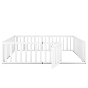 Luxo Abode Multifunctional Queen Size Floor Bed with Safety Guardrails and Door, Montessori Sturdy Solid Wood Beds Frame, Easy Assembly and No Spring Need, for Boys and Girls Room, White