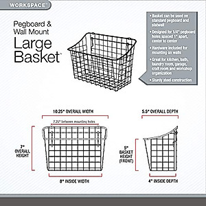 Spectrum Diversified 10" x 5" x 7" Pegboard & Wall Mount Basket, 10"L x 7"W, Industrial Gray