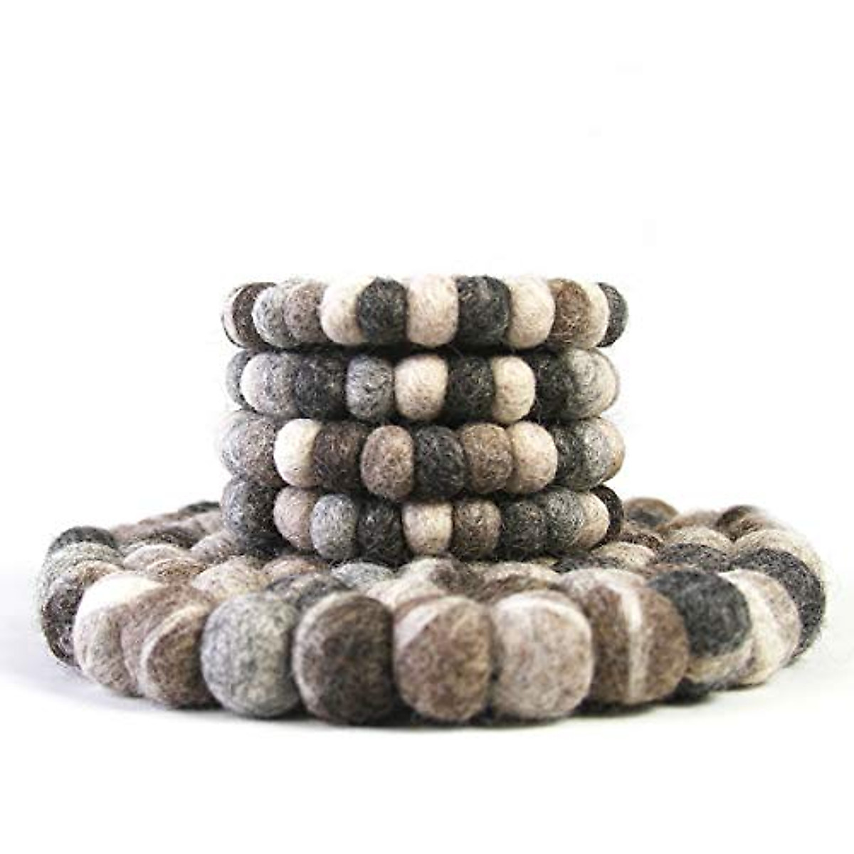Global Crafts Hand Crafted Felt Ball Wool Trivet Mat from Nepal, 8" Round Pad, Dark Grey