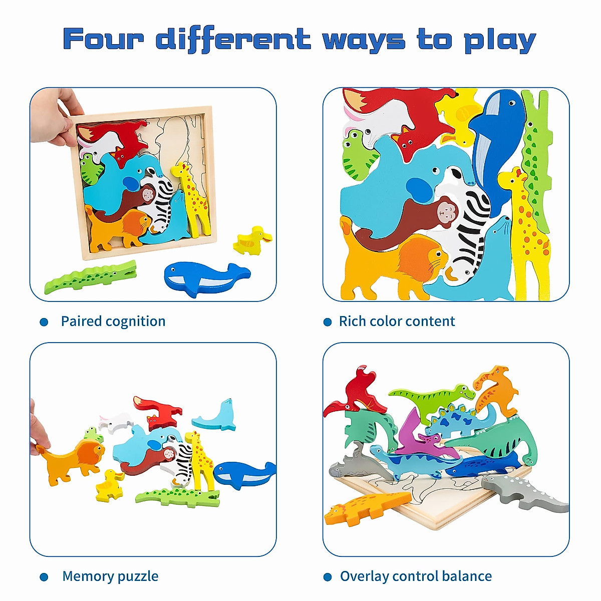 XJYQJD Dinosaur Sorting & Stacking Toys for Toddlers 1-3, Wooden Dinosaur Blocks Puzzles for Kids 2-4 Multi-Theme Animals Fruits Numbers Jigsaw Puzzles Montessori Educational Learning Toys (4 Pack)