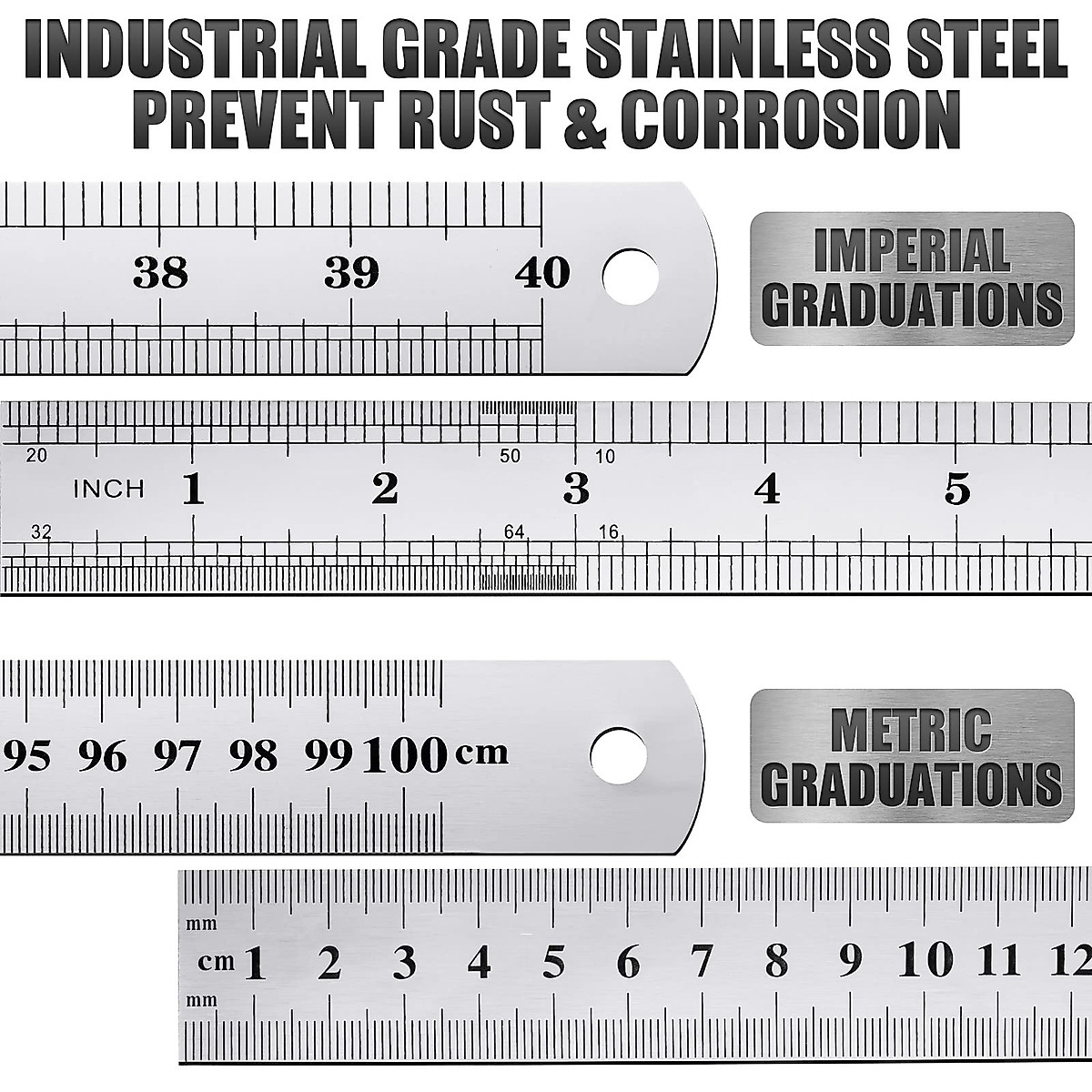 6 Pieces Large Stainless Steel Ruler Metal Yard Stick Rule Measuring 1 Meter 40 Inch/ 100 cm 24 Inch/ 60 cm Measure Straight Edge (40 Inch)