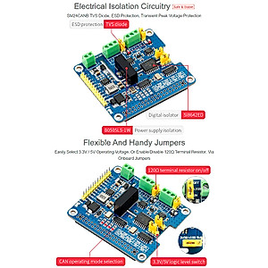 2-Channel Isolated CAN FD Expansion HAT for All Raspberry Pi, Support CAN2.0 and CAN FD Protocols,with MCP2518FD CAN Controller + MCP2562FD CAN Transceiver Onboard Multi Protection Circuits