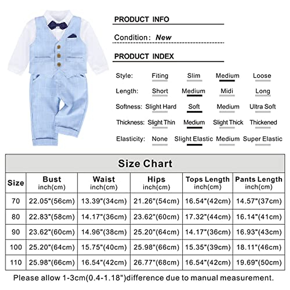 Marendyee Baby Boys' Suit Formal Outfits Long Sleeve Shirt Blue Plaid Vest Pants Gentleman Clothes Sets Wedding Photoshoot Infant Tuxedo 12-18 Months