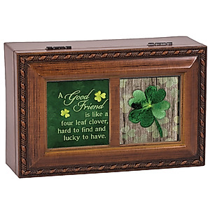 Cottage Garden Good Friend Four Leaf Clover Woodgrain Rope Trim Petite Music Box Plays Irish Lullaby