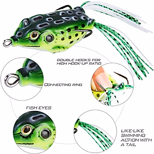 5pcs Frog Topwater Fishing Crankbait Lures Double Sharp Hooks Soft Bait for Bass Salmon Freshwater Saltwater Fishing with Tackle Box