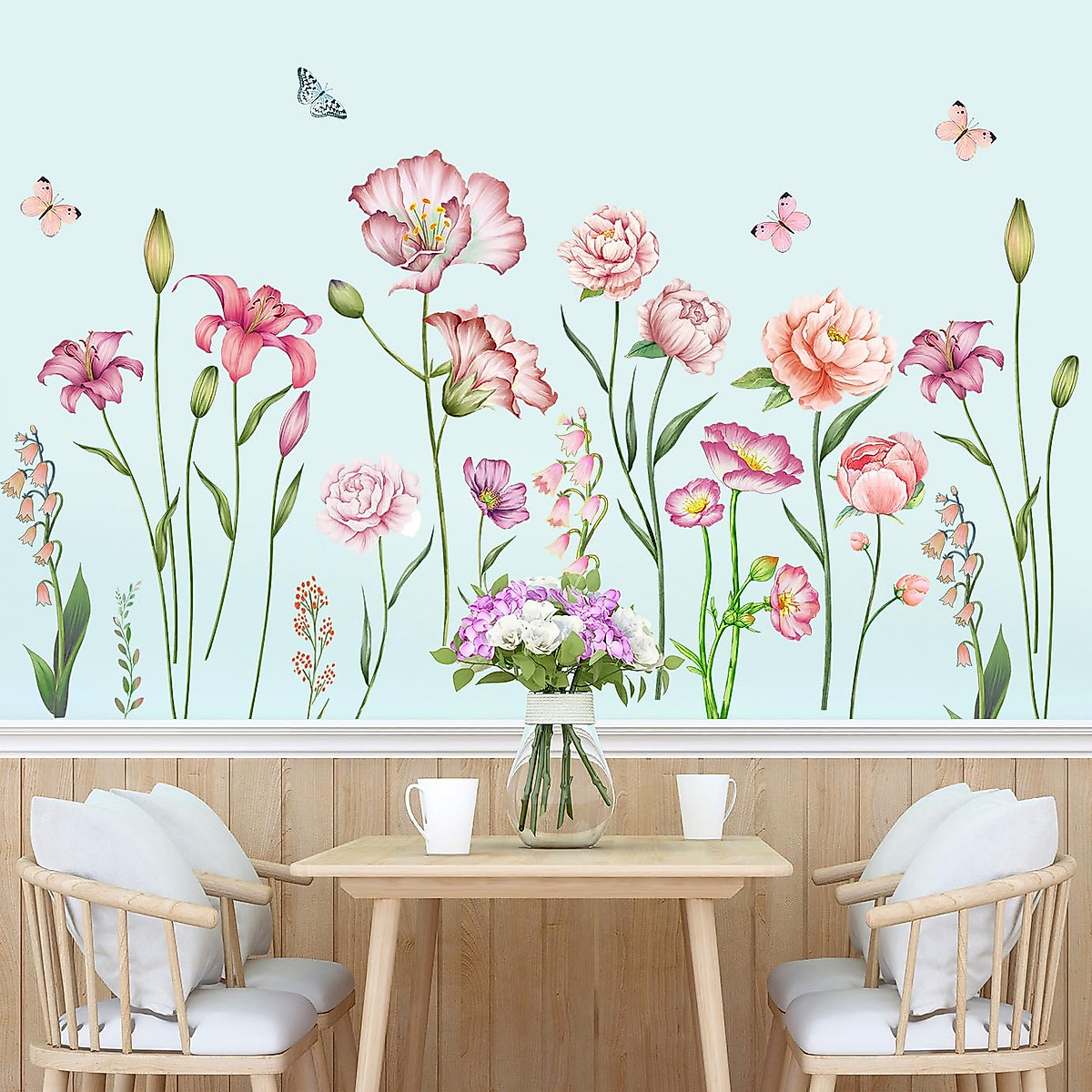 Amaonm Removable Fresh Flower and Flying Butterfly Dragonfly Wall Sticker Blue Pink Lily Poppy Peony Floral Wall Decal DIY Peel and Stick Grass Plants Wall Decor for Girls Baby Bedroom Nursery Living