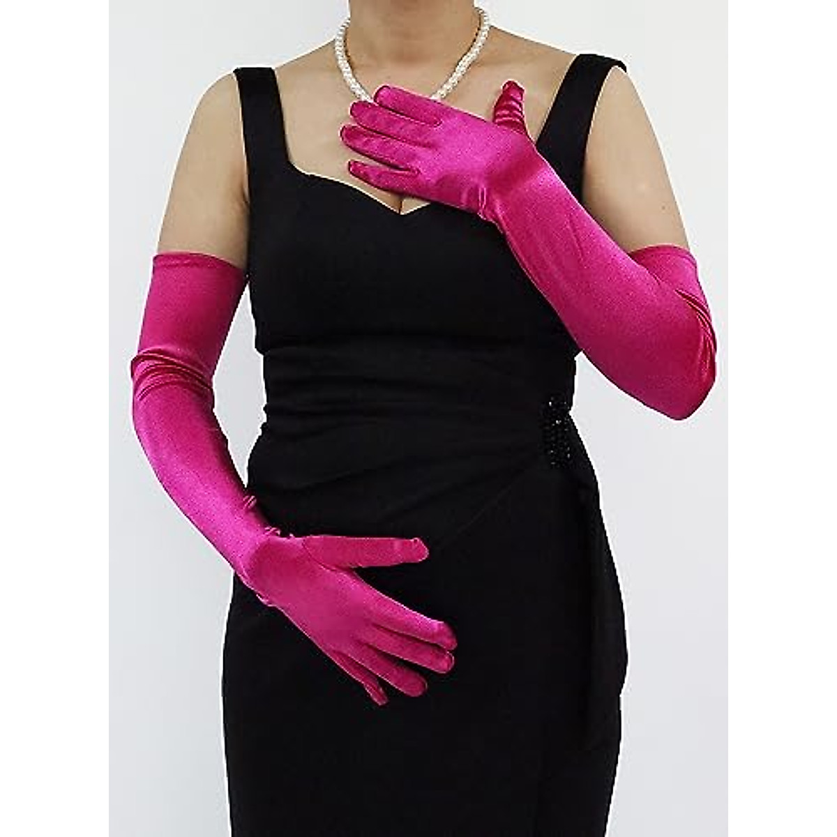 WINROLA Long Opera Party 20s Satin Gloves Stretchy Adult Size Elbow Length Wedding Bridal Gloves Halloween Party Opera Costume (Hot pink, 21.6")
