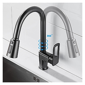HOONWEAR Kitchen Sink Faucet Gun Gray Matching Hot and Cold Bath Mixer Tap Modern 360° Rotation Pull Down Spout Mixer Tap Faucet, CF001