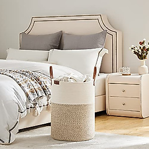 VIPOSCO Tall Laundry Basket, Large Dirty Clothes Hamper with Leather Handle, Woven Rope Storage Basket for Blanket, Toy In Living Room, Bathroom, Bedroom - 58L White & Brown