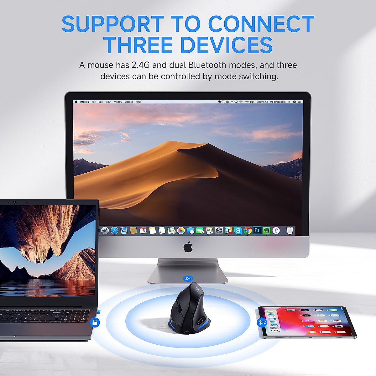 ECHTPower Wireless Bluetooth Mouse, Ergonomic Mouse with LED Light, Tri-Mode BT5.0+BT5.0+2.4GHz, Vertical Mouse Adjustable DPI 2400/1600/1000, Rechargeable Mice for PC, Laptop, Mac, Windows