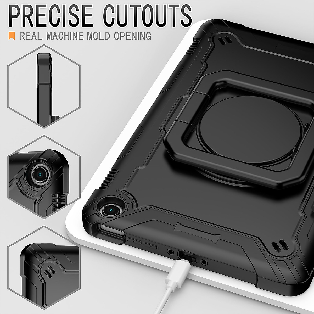 zukof Case for Amazon Fire Max 11 inch Tablet (13th Generation, 2023 Release) Hybrid Shockproof 360 Rotating Multi-Functional Ring Stand Case with Shoulder Straps (Black/Black)