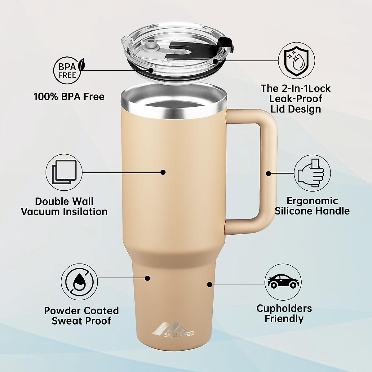 StarSpeed 40 oz Tumbler with Handle and Straw Lid | Stainless Steel Water Bottle Travel Mug Reusable Insulated Cup With Lid And Straw, Keep Cold Heat and Ice for Hours(40oz,Mocha)